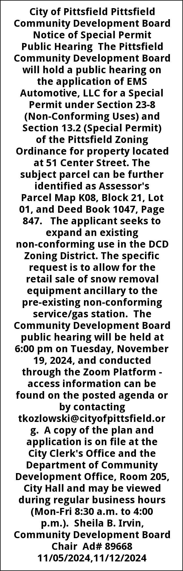 Public Hearing, City of Pittsfield Community Development Board ...