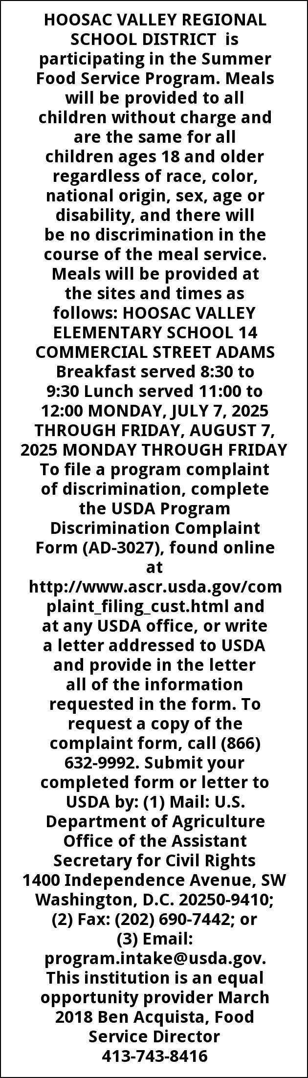 Summer Food Service Program, Hoosac Valley Regional School District ...